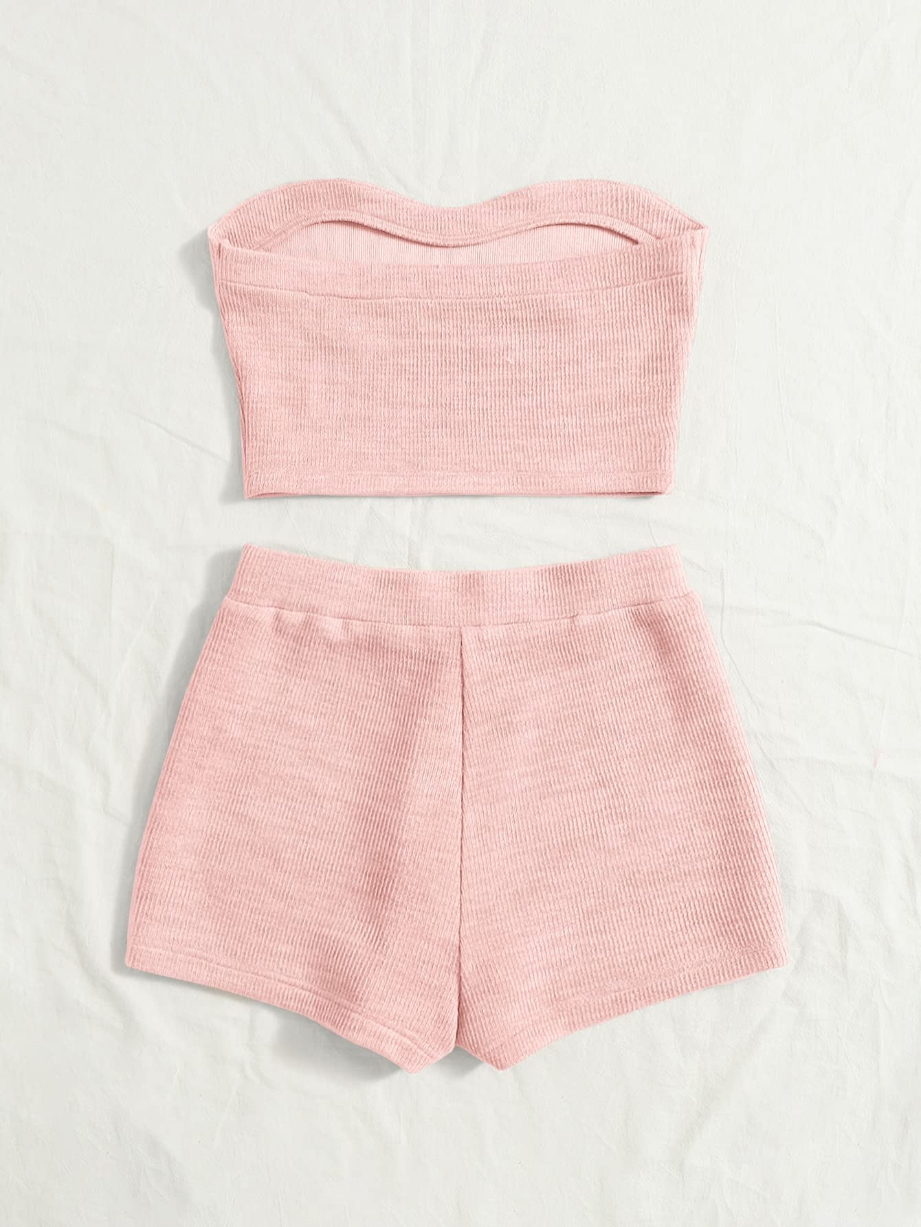 Verdusa Women's 2 Piece Outfit Ribbed Crop Bandeau Tube Top and Biker Track Shorts Sets Light Pink XS