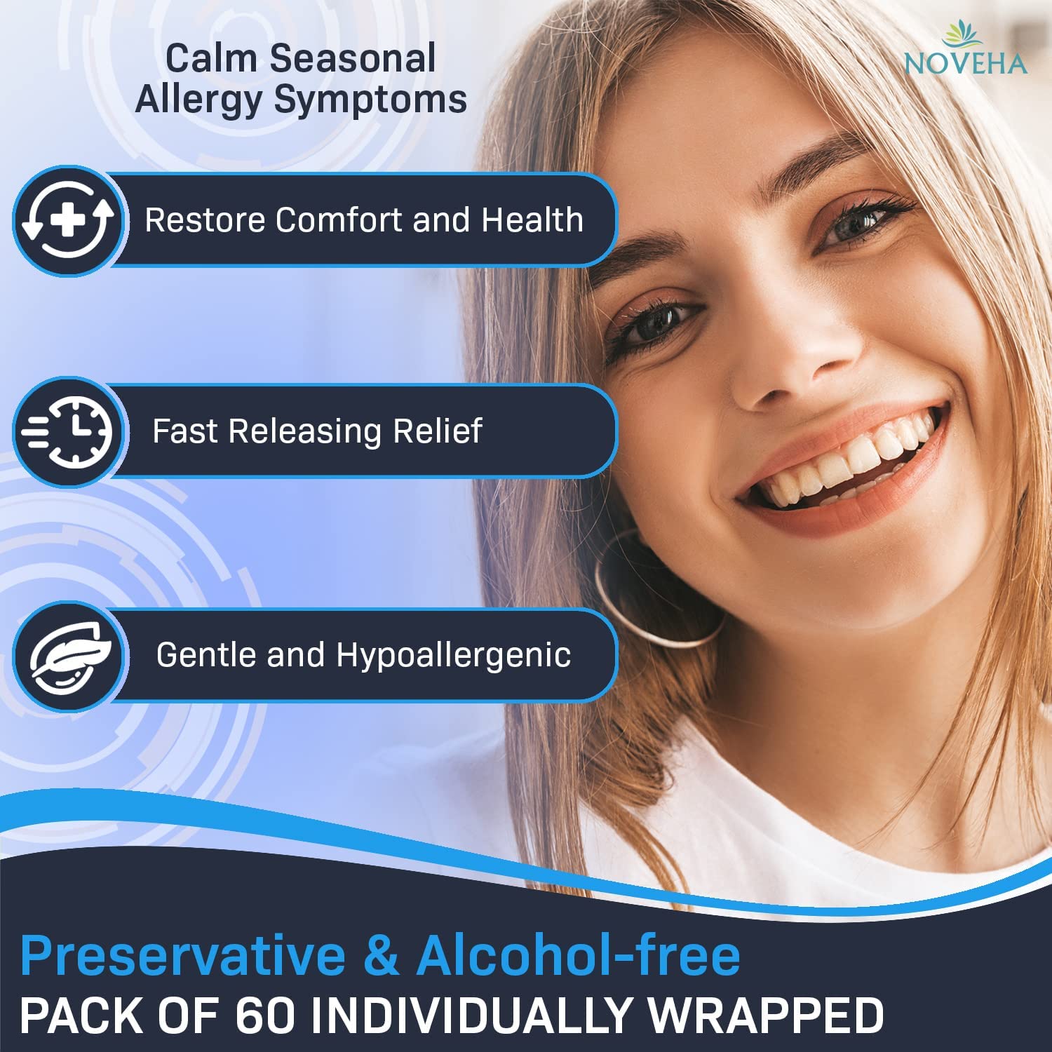 NOVEHA 60Pcs Allergy Relief Eyelid Wipes | Pre-moistened Hypoallergenic Eye Cleansing Pads, Reduce Itchiness, Redness & Discomfort Caused By Allergy, Clean, Soothe & Remove Debris (1 Pack)