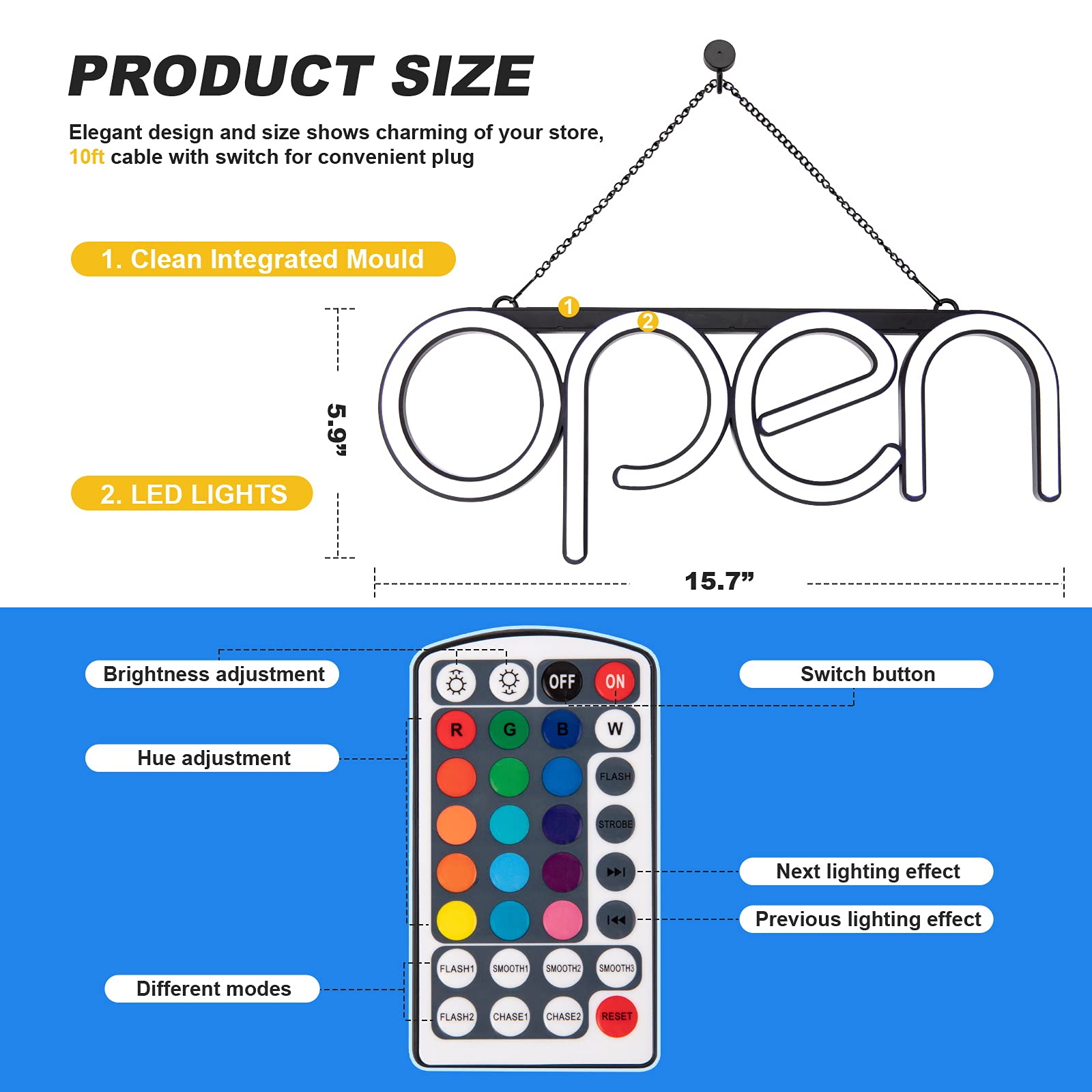 TZEXTZE Open LED Signs for Business,RGB Color Changing Neon Open Sign, 16x6 inches Open Window Sign with Remote Control & 12V Power Adapter for Storefront/Business Window