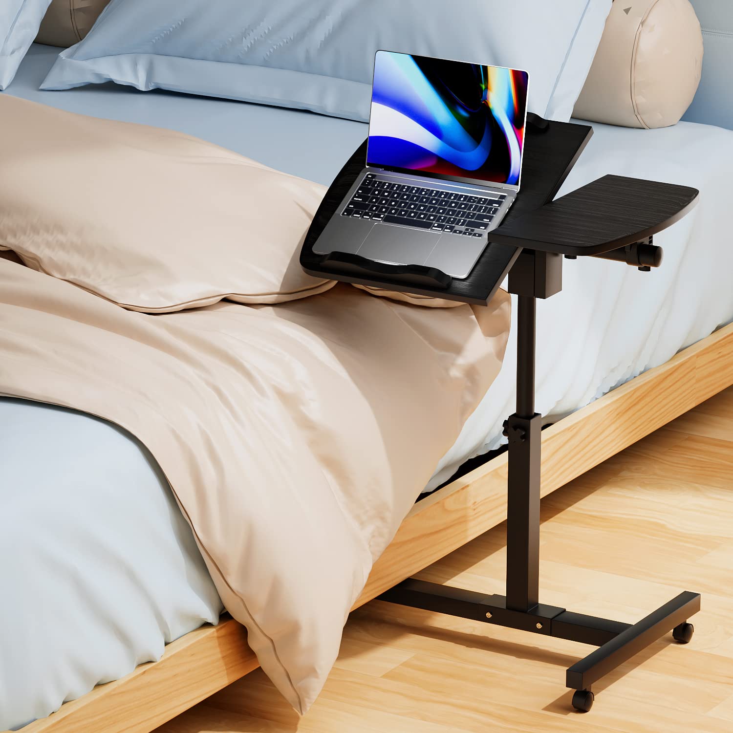 MoNiBloom Mobile Standing Desk, Tilting, Portable Height Adjustable Sit Stand Work Table Overbed Laptop Table Computer Cart with Wheels for Bed Couch Office, Black