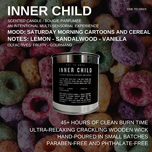 (Inner Child) ODE TO ONYX Premium Hand-Poured Non-Toxic Candle | Crackling Wood Wick | Long Lasting 45+ Hour Burn TIME | Gender-Neutral | Industrial TIN | 8OZ | Notes: Lemon, Vanilla, Sandalwood