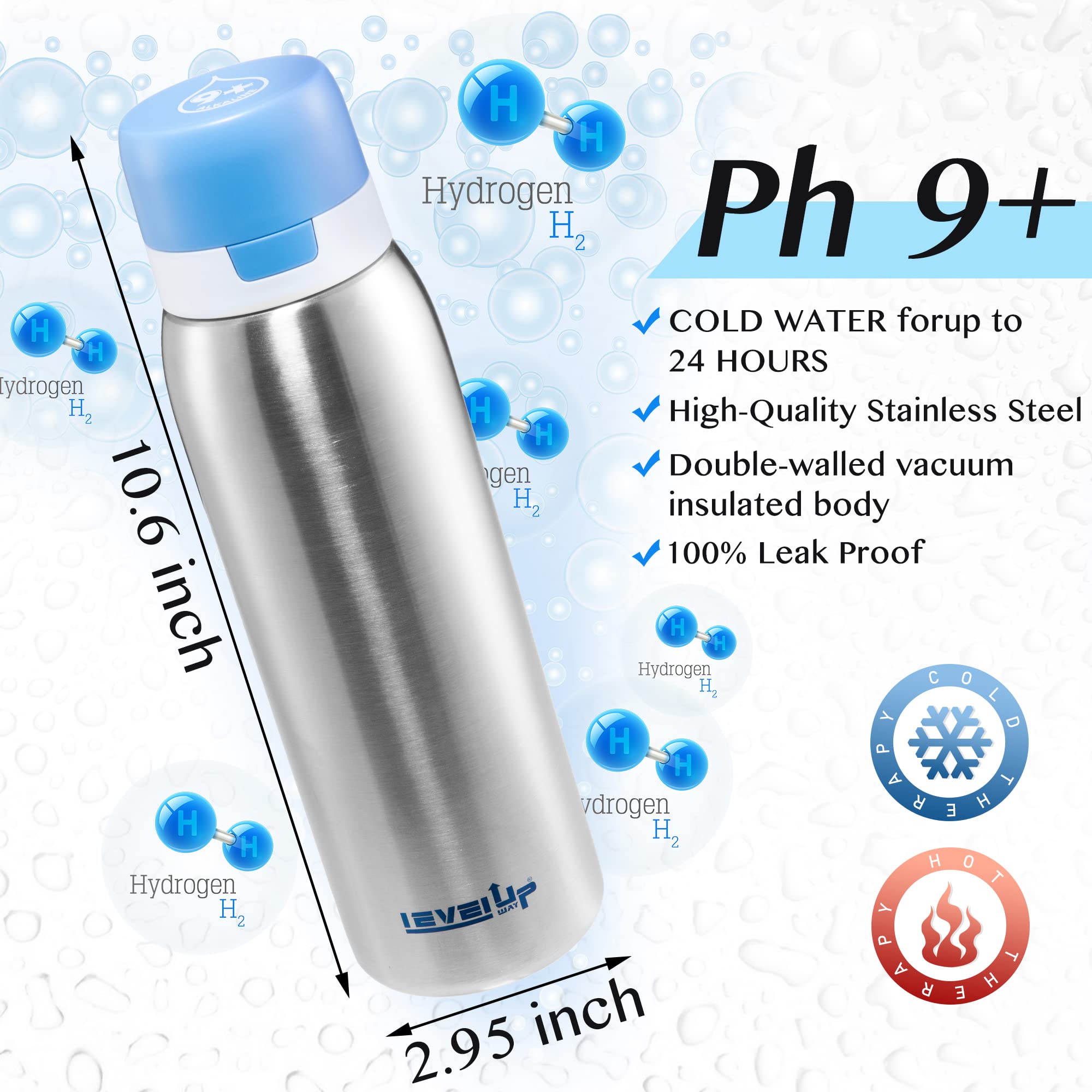 Level Up Way β25 Ounce Premium Stainless Steel Water Bottle with Filter β BPA Free - Travel Essentials - Alkaline Water Filter pH 9+ (Blue)