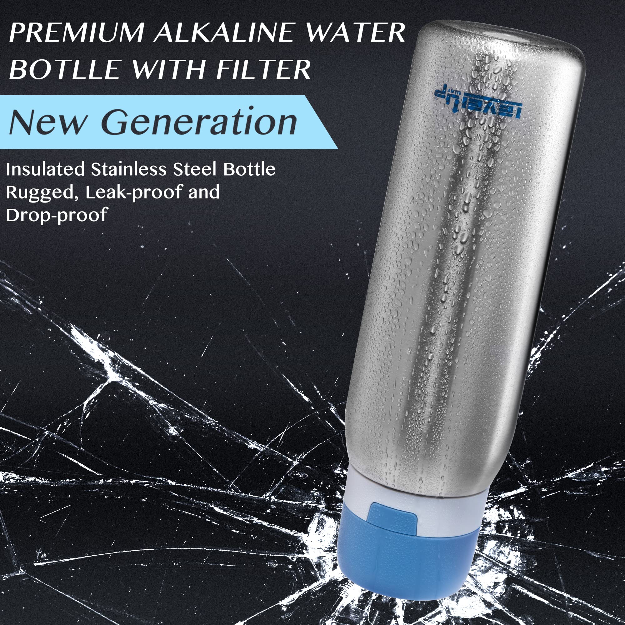 Level Up Way β25 Ounce Premium Stainless Steel Water Bottle with Filter β BPA Free - Travel Essentials - Alkaline Water Filter pH 9+ (Blue)