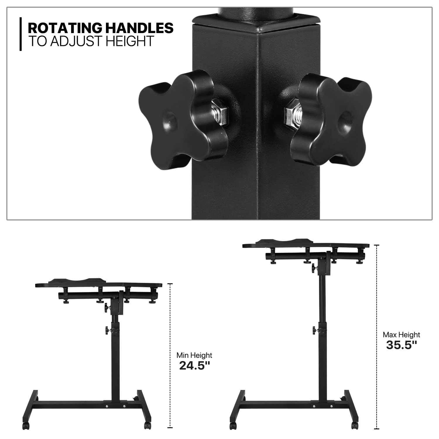 MoNiBloom Mobile Standing Desk, Tilting, Portable Height Adjustable Sit Stand Work Table Overbed Laptop Table Computer Cart with Wheels for Bed Couch Office, Black
