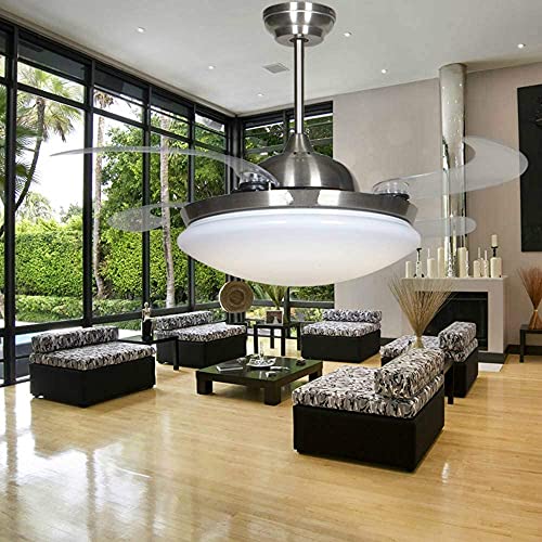 YEELED Light 42" Invisible Reversible Ceiling Fan with LED Light and Remote, 4 Retractable Blades Fan Chandeliers for Bedroom Livingroom, Indoor Ceiling Light Kits with Fans(42 Inch, Silver)