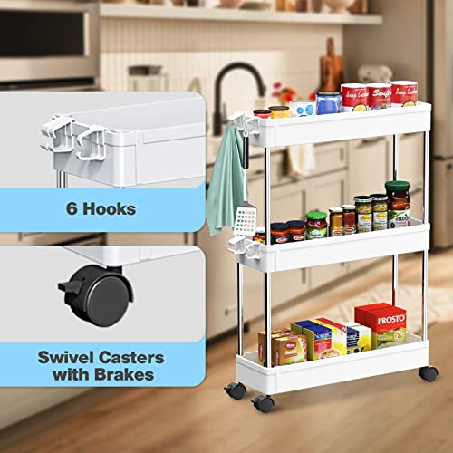 NOTHEIA Slim Storage Cart 3-Tier, Bathroom Organization Slide Out Cart, Laundry Organization and Storage Utility Cart, Snack Cart with Wheels Thin Space Solutions, White