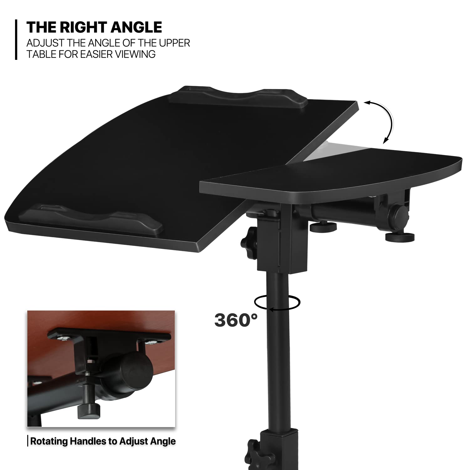 MoNiBloom Mobile Standing Desk, Tilting, Portable Height Adjustable Sit Stand Work Table Overbed Laptop Table Computer Cart with Wheels for Bed Couch Office, Black