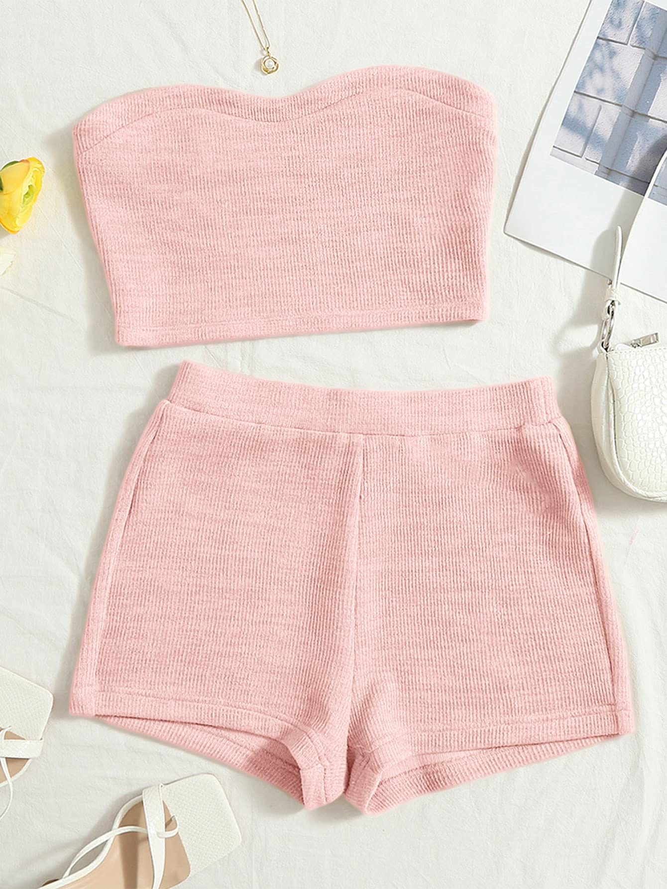 Verdusa Women's 2 Piece Outfit Ribbed Crop Bandeau Tube Top and Biker Track Shorts Sets Light Pink XS