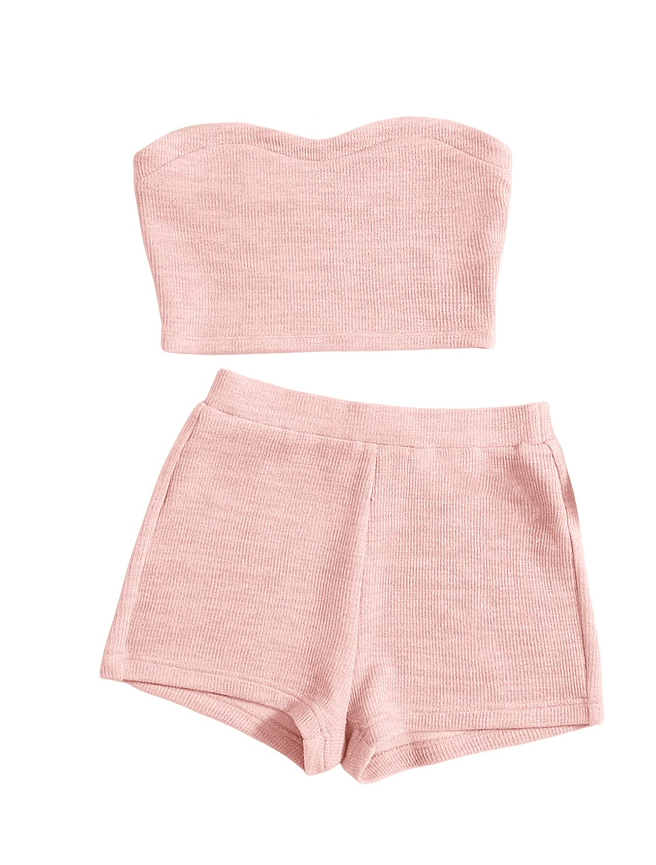 Verdusa Women's 2 Piece Outfit Ribbed Crop Bandeau Tube Top and Biker Track Shorts Sets Light Pink XS