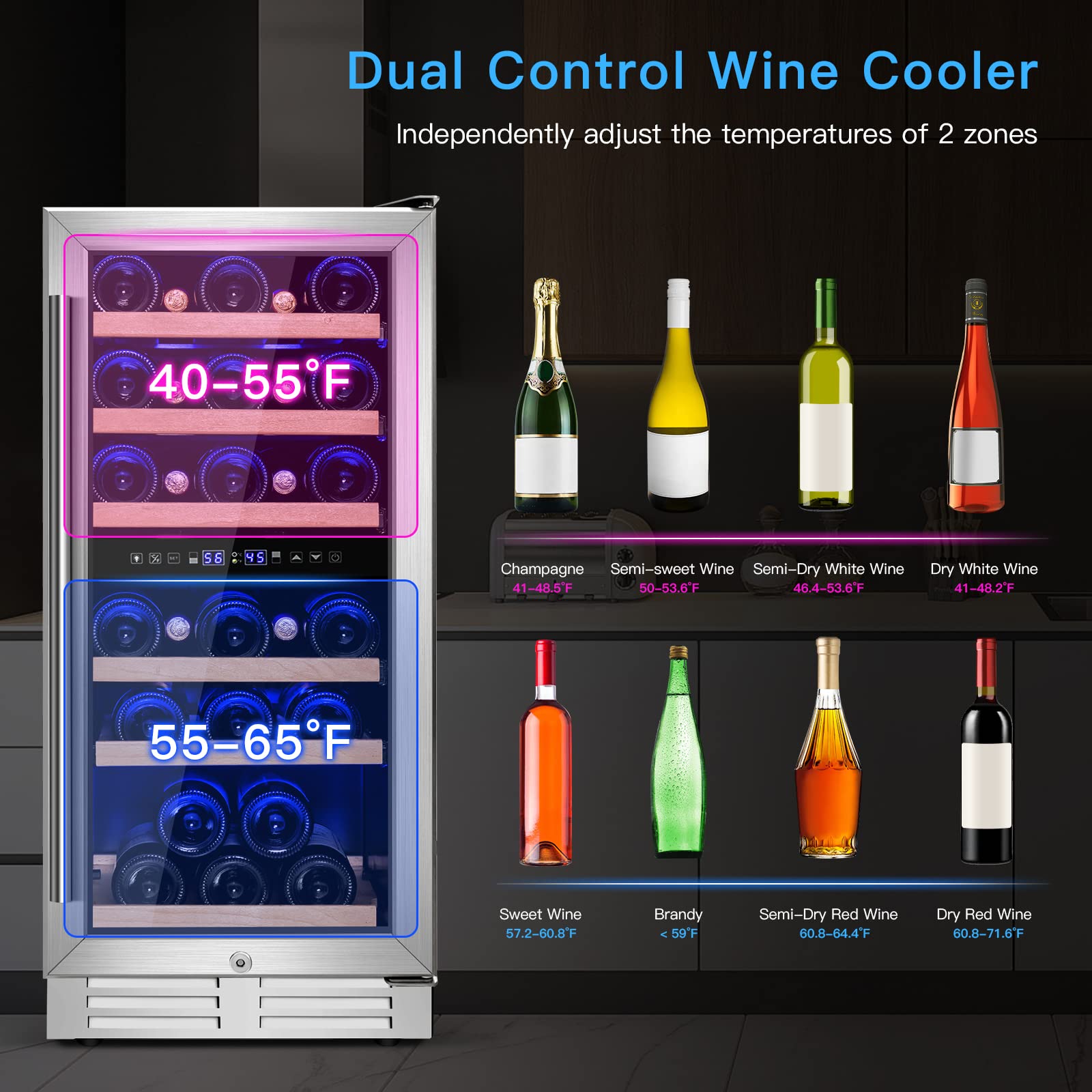 ORALNER 15“ Dual Zone Wine Cooler Refrigerator, 30-Bottle Built-in Beverage Wine Fridge w/Removable Wooden Shelves, Lockable Glass Door, Blue LED Interior Lights, Drink Wine Cellar for Kitchen Bar