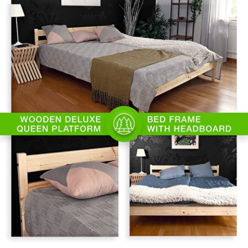JERRY JOHANSSON Queen Size Bed Natural Solid Wood Platform Bed Frame β Foundation Bedframe with Headboard | Easy Assembly Wooden Slats | No Box Spring Needed | Rustic Pine 60 x 80 β Boston Collection