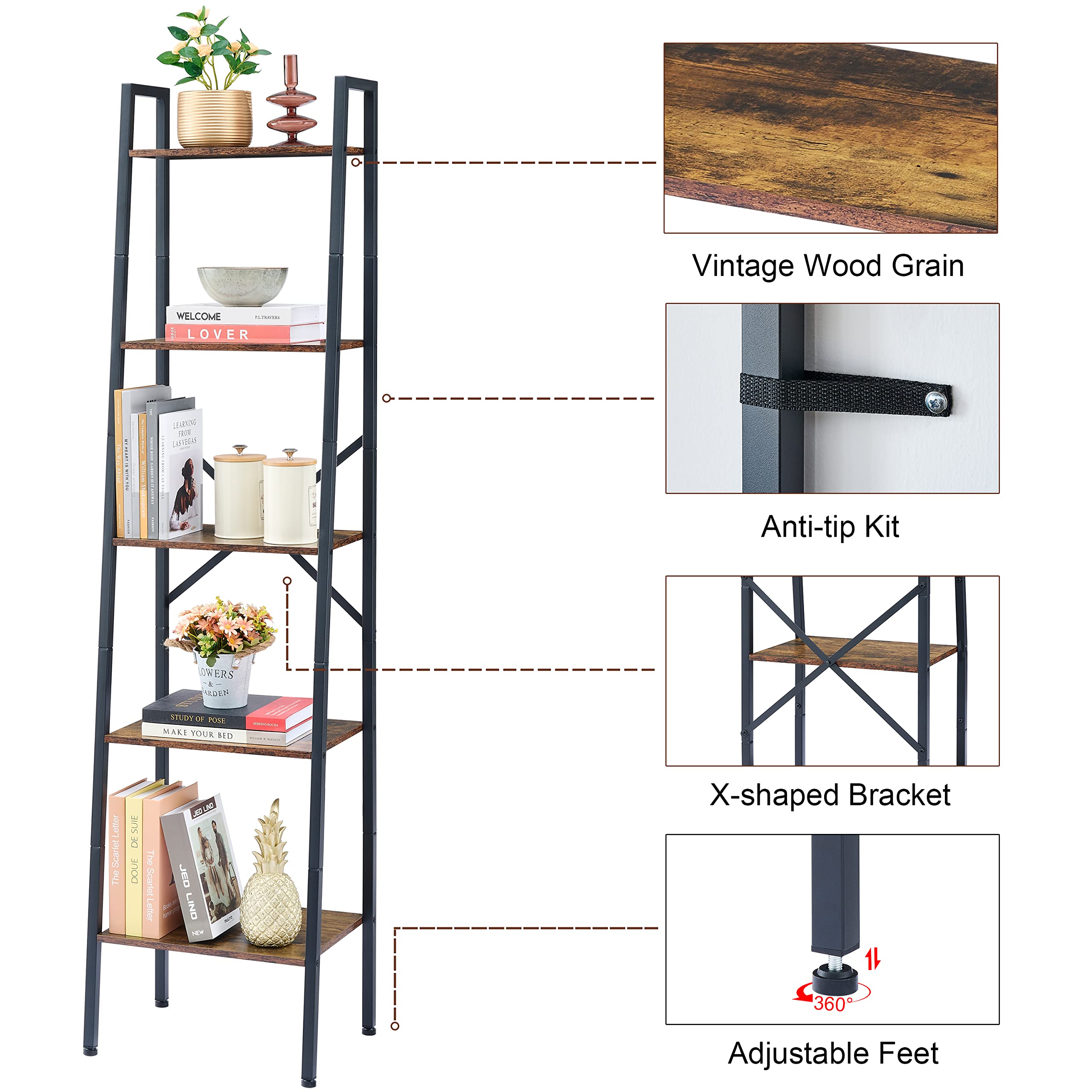 Hoctieon Industrial Ladder Bookshelf, Multifunctional Ladder Shelf, 5-Tier Tall Bookshelf, Open Ladder Shelf Bookcase, for Living Room, Home Office, Kitchen, Bedroom, Metal Frame, Rustic Brown