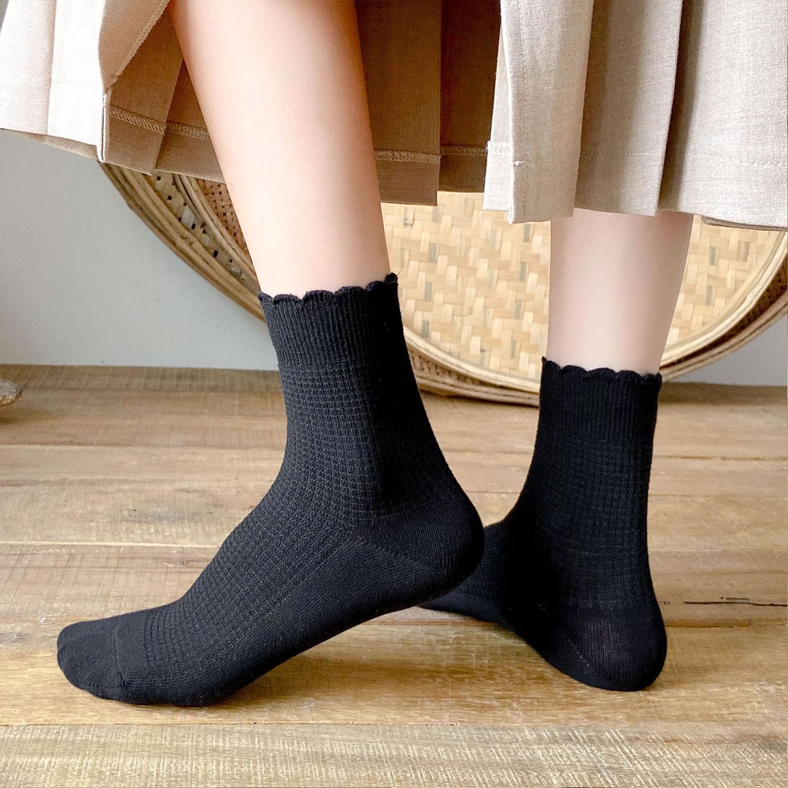 zrylibya Women Cute Ruffle Frilly Turn Cuff Ankle Socks Scalloped Pointelle Solid Casual Crew Socks 4 Pairs (Black,White,Khaki,Yellow)