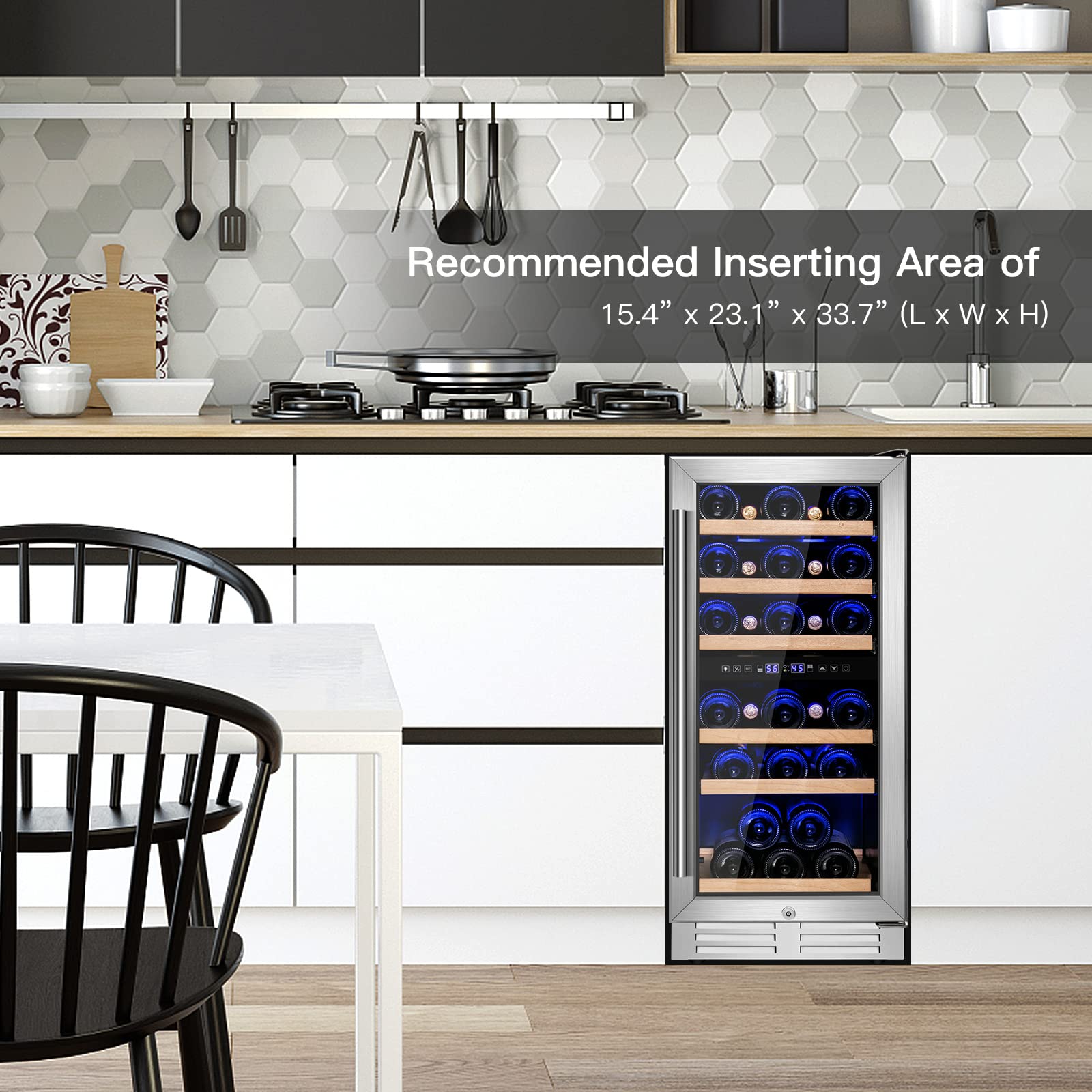 ORALNER 15“ Dual Zone Wine Cooler Refrigerator, 30-Bottle Built-in Beverage Wine Fridge w/Removable Wooden Shelves, Lockable Glass Door, Blue LED Interior Lights, Drink Wine Cellar for Kitchen Bar