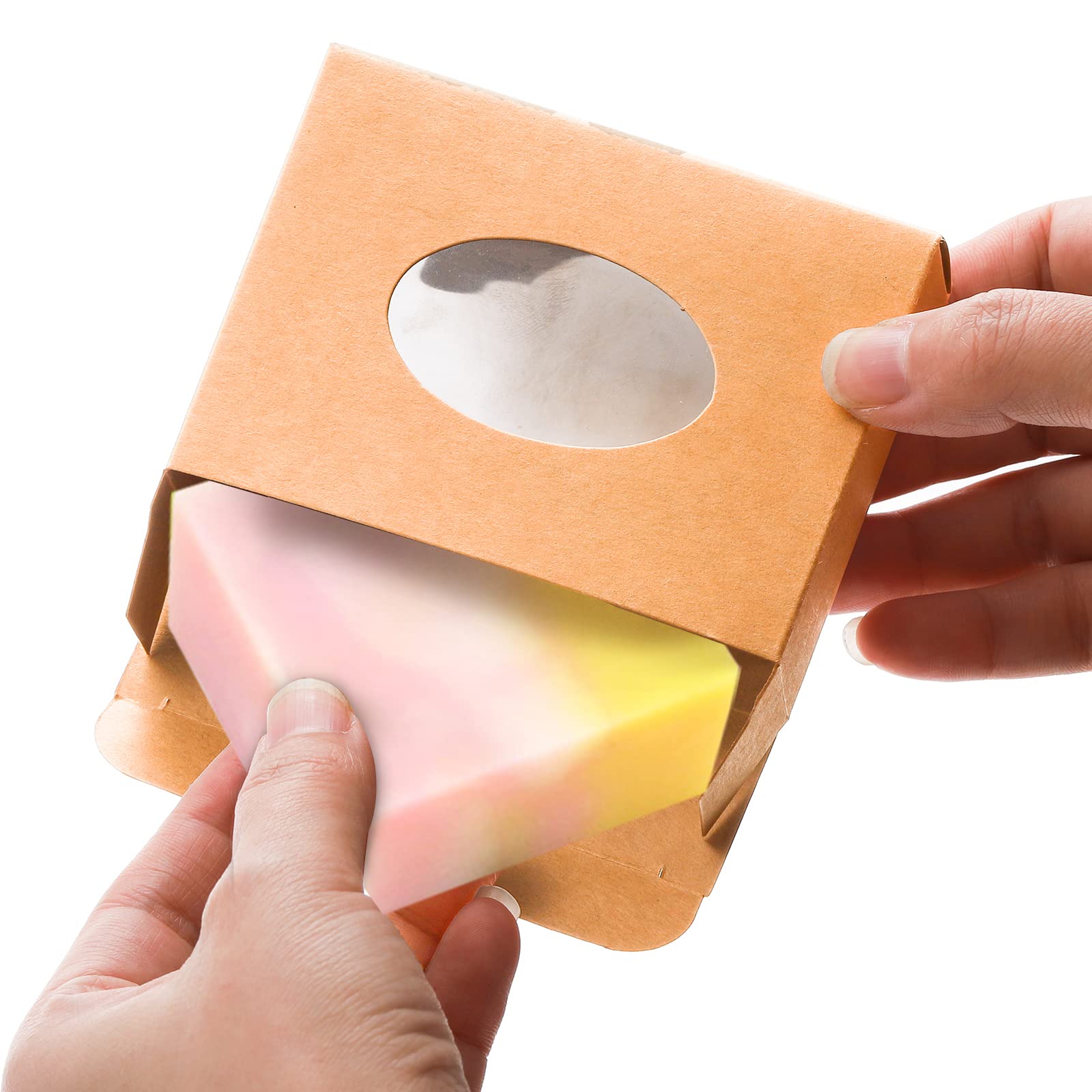 SOUJOY 100 Pack Soap Boxes for Handmade Soap, Paper Treat Boxes with Clear Window, Kraft Soap Making Supplies Packaging for Bakery, Candy, Jewelry, Party Treats