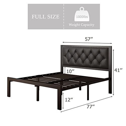 iPormis Full Size Metal Bed Frame with Faux Leather Button Tufted Headboard, 12" Underbed Space, Steel Slats Support, Noise Free, Easy Assembly, No Box Spring Needed, Black