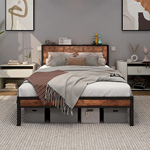DUMEE Full Size Bed Frame with Wood Storage Headboard, Metal Platform Bed Frames Full, No Box Spring Needed, Noise Free, Reinforced Strong Support Leg, Textured Black&Brown Oak