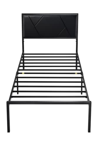 SHA CERLIN Modern Twin Size Metal Bed Frame with Geometric Litchi Grain Leather Headboard, Platform Bed with 12" Underbed Storage Space, Metal Slat Support, Noise Free, No Box Spring Needed, Black
