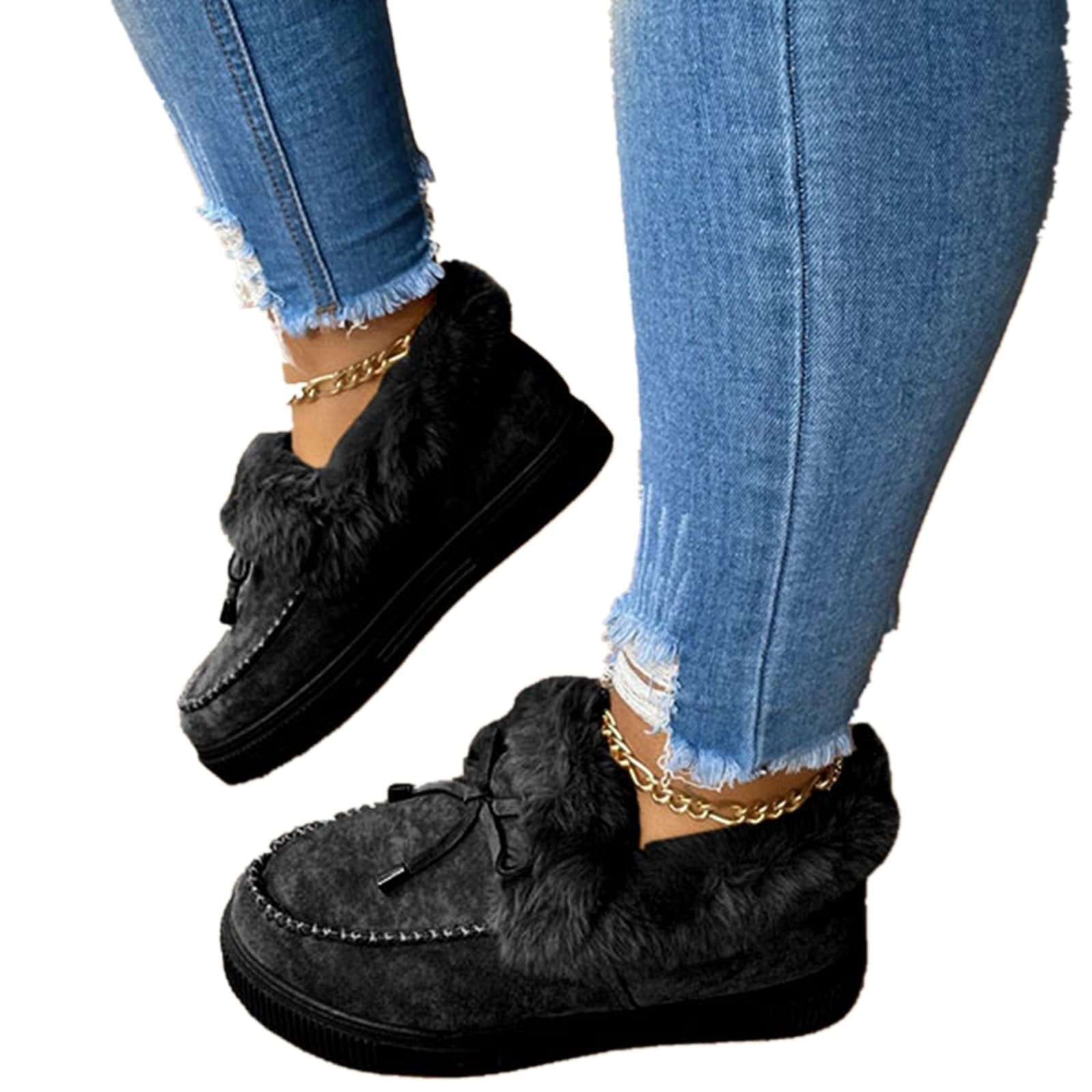 ZBYY Women's Winter Flat Boots Warm Durable Shoes Fur Lining Ankle Snow Boots Flats Platform Thick Plush Walking Loafer
