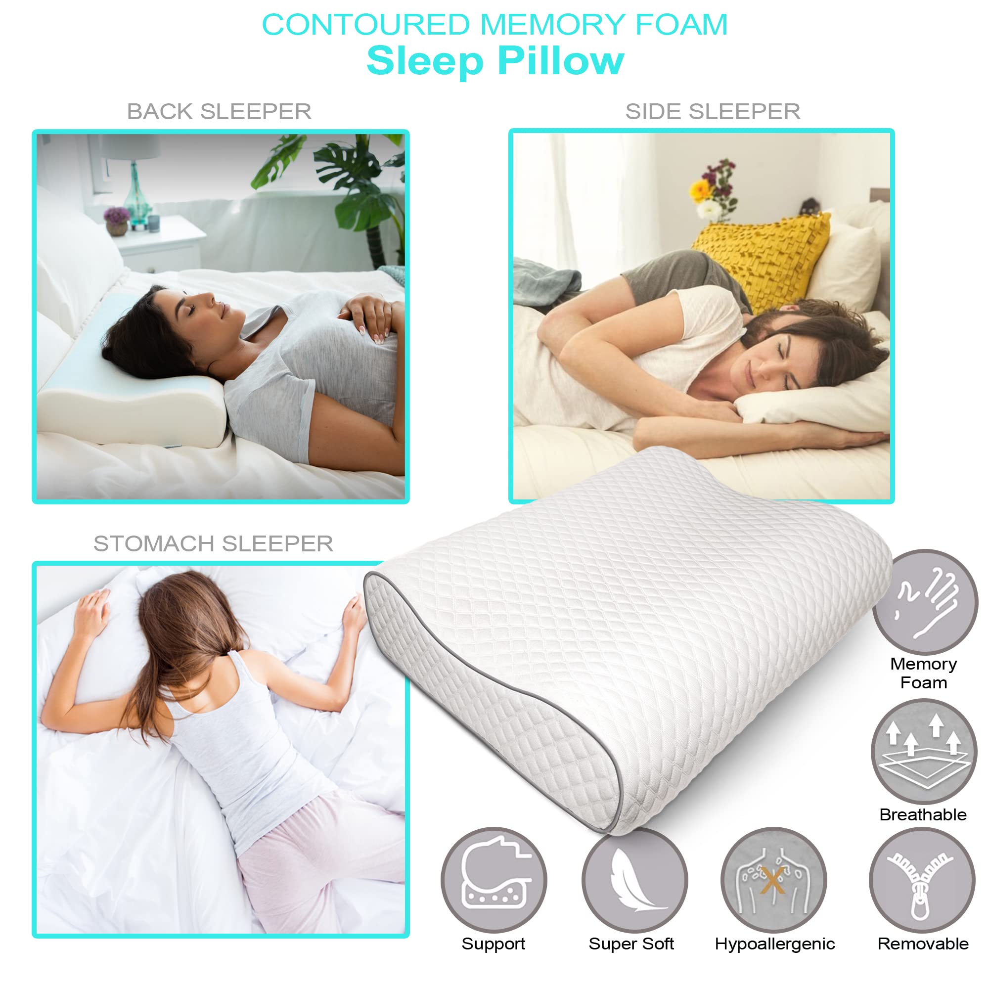 Memory Foam Cervical Neck Pillow - Back, Stomach, and Side Sleeper Pillow for Neck and Shoulder Pain Relief and Snoring Reduction - Orthopedic Neck Support Pillow with Breathable Cover
