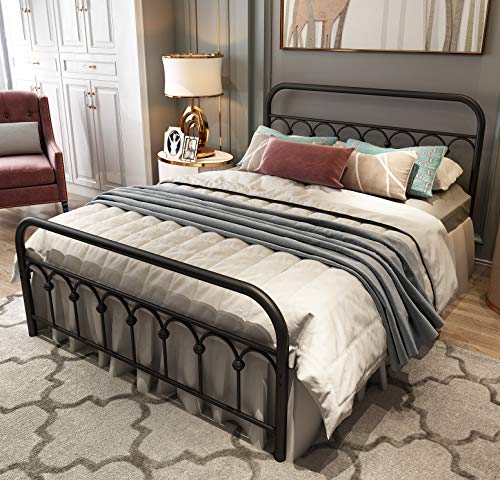 TUSEER Metal Bed Frame Full Size with Vintage Headboard and Footboard Platform Base Wrought Iron Bed Frame (Full,Black)