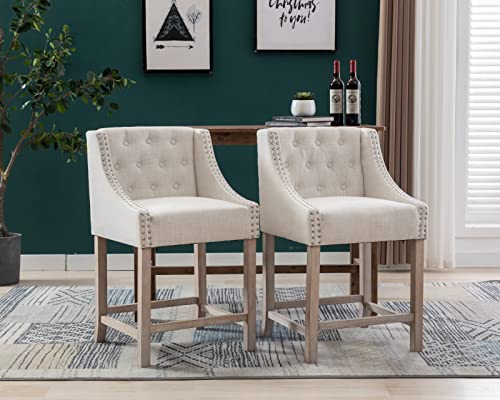 CIMOTA Counter Height Bar Stools Set of 2 Tufted Farmhouse Bar Chairs with Back Upholstered Mid Century Barstools with Wood Legs Kitchen Island Counter Stools for Home Bar, 25 Inch/Linen Beige