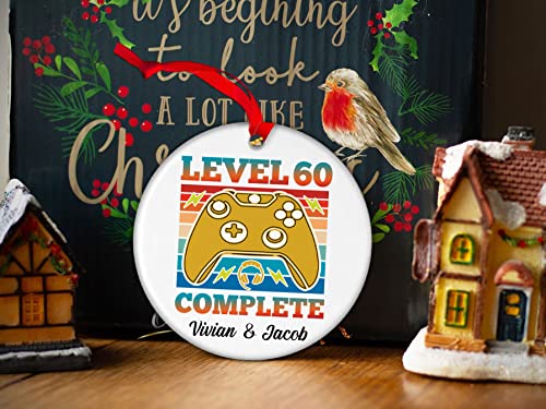 Prezzy 60th Birthday Ornament for Christmas Tree Keepsake Gifts for Men Women Friends Family Level 60 Complete Birthday Decorations Personalized Ornaments 3'' Circle Ceramic Hanging Pendants