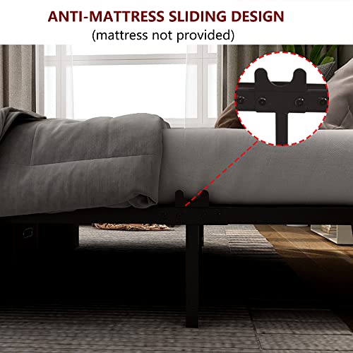 DUMEE Full Size Bed Frame with Wood Storage Headboard, Metal Platform Bed Frames Full, No Box Spring Needed, Noise Free, Reinforced Strong Support Leg, Textured Black&Brown Oak