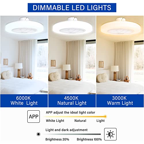 TCFUNDY Ceiling Fan with Light and Bluetooth Speaker, 22" Enclosed Low Profile Ceiling Fans Lights, Dimmable LED Lighting, 6 Wind Speeds Reversible Blades, App & Remote Control, Semi Flush Mount Fan