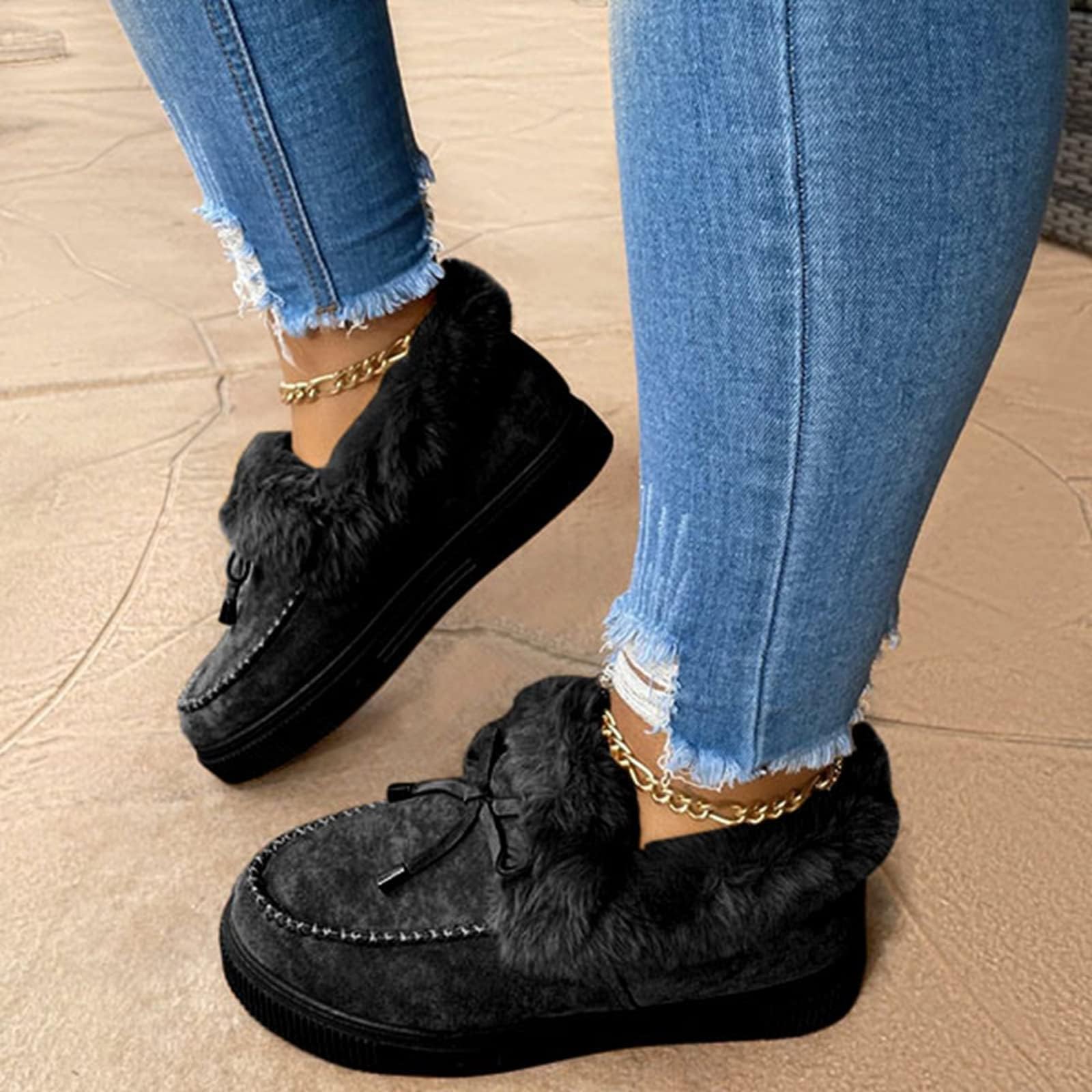 ZBYY Women's Winter Flat Boots Warm Durable Shoes Fur Lining Ankle Snow Boots Flats Platform Thick Plush Walking Loafer