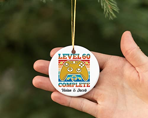 Prezzy 60th Birthday Ornament for Christmas Tree Keepsake Gifts for Men Women Friends Family Level 60 Complete Birthday Decorations Personalized Ornaments 3'' Circle Ceramic Hanging Pendants