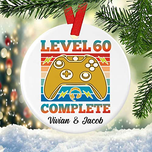 Prezzy 60th Birthday Ornament for Christmas Tree Keepsake Gifts for Men Women Friends Family Level 60 Complete Birthday Decorations Personalized Ornaments 3'' Circle Ceramic Hanging Pendants