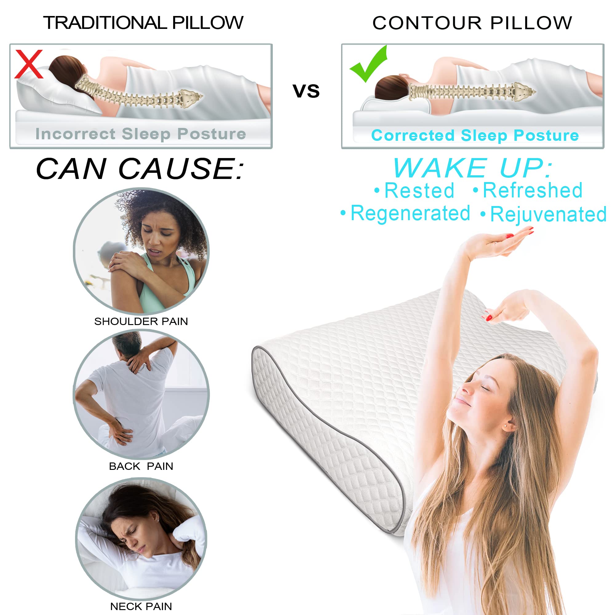 Memory Foam Cervical Neck Pillow - Back, Stomach, and Side Sleeper Pillow for Neck and Shoulder Pain Relief and Snoring Reduction - Orthopedic Neck Support Pillow with Breathable Cover