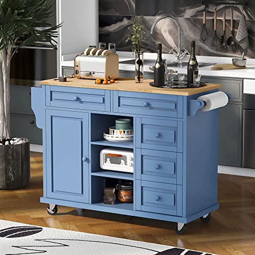 Merax Rolling Mobile Kitchen Island Cart with Wood Desktop and Storage Drawers, 53 Inch Width, Blue