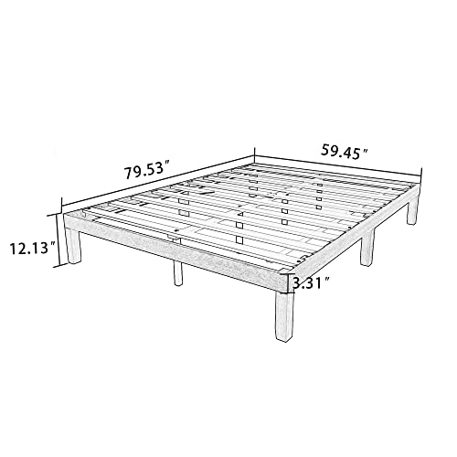 JULYFOX Rubber Wood Bed Frame Queen Size, 12 inch Solid Wood Platform Bed Queen Size 650 lbs Heavy Duty No Headboard No Box Spring Needed,(Natural,Queen Size)