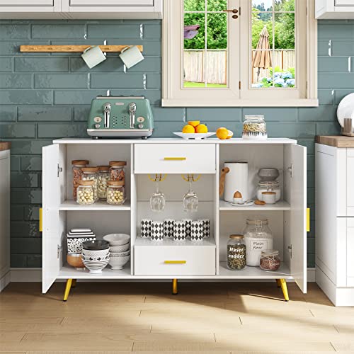 YITAHOME Sideboard Buffet, Buffet Cabinet Storage Credenza w/Adjustable Shelf, Wine Glass Holder, Drawers, Modern White & Gold Dresser 300 lbs Capacity for Living Room, Kitchen, Dining Room, White