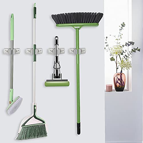 Broom and Mop Holder Wall Mount Heavy Duty Stainless Steel Broom Holder Wall Mounted Broom Organizer Home Garden Garage Storage Rack (4PCS-1Rack)