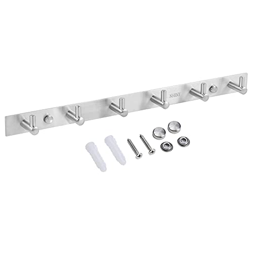 Towel Hook Hanger Wall Mounted - NHENY 16-Inch Coat&Key Hook Rack with 6 Heavy Duty Hooks, Wall Hanger for Bedroom, Bathroom, Foyer, Hallway, Garage, Garden, Office, 304 Stainless Steel Brushed Nickel