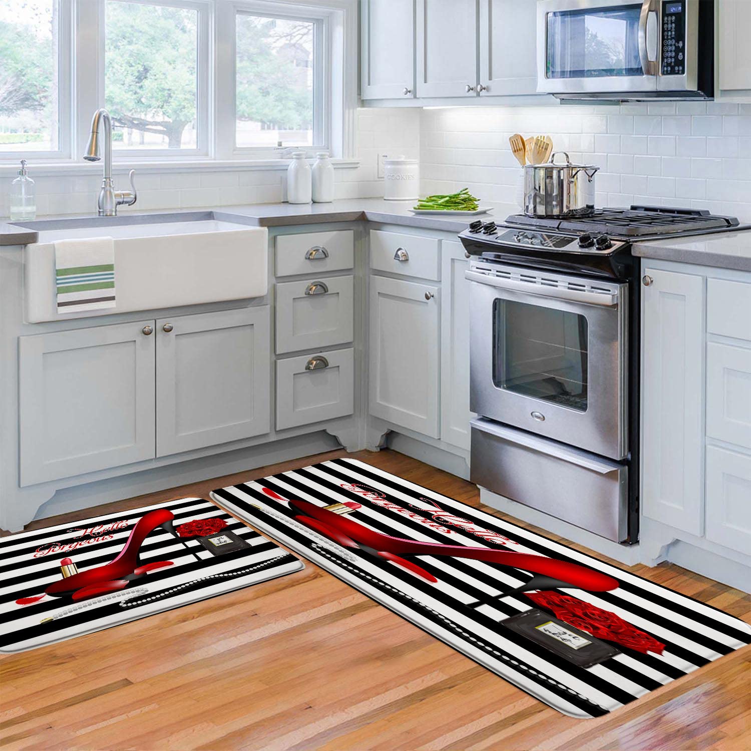 2 Pieces Set Black White Geometric Kitchen Rugs Hello Gorgeous Makeup Red High Heel Perfume Bottle Lipstick Romantic Love Fashion Bathroom Rugs Toilet Sink Laundry Bath Mats Bedroom Carpet
