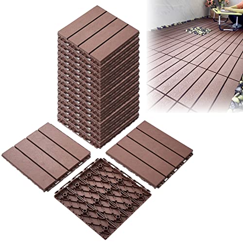 Botabay Plastic Interlocking Deck Tiles, 38 Pack Patio Deck Tiles, 12"x12" Wood Plastic Composite Waterproof Outdoor Patio Floor Decking Tiles, for Porch Poolside Balcony Backyard, Brown