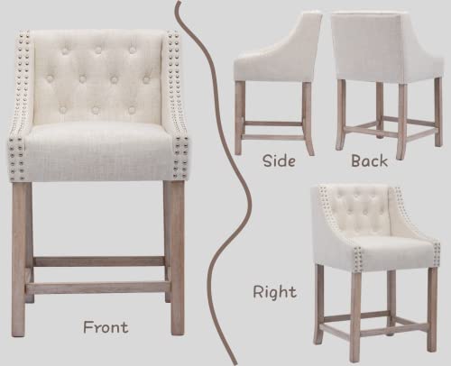 CIMOTA Counter Height Bar Stools Set of 2 Tufted Farmhouse Bar Chairs with Back Upholstered Mid Century Barstools with Wood Legs Kitchen Island Counter Stools for Home Bar, 25 Inch/Linen Beige