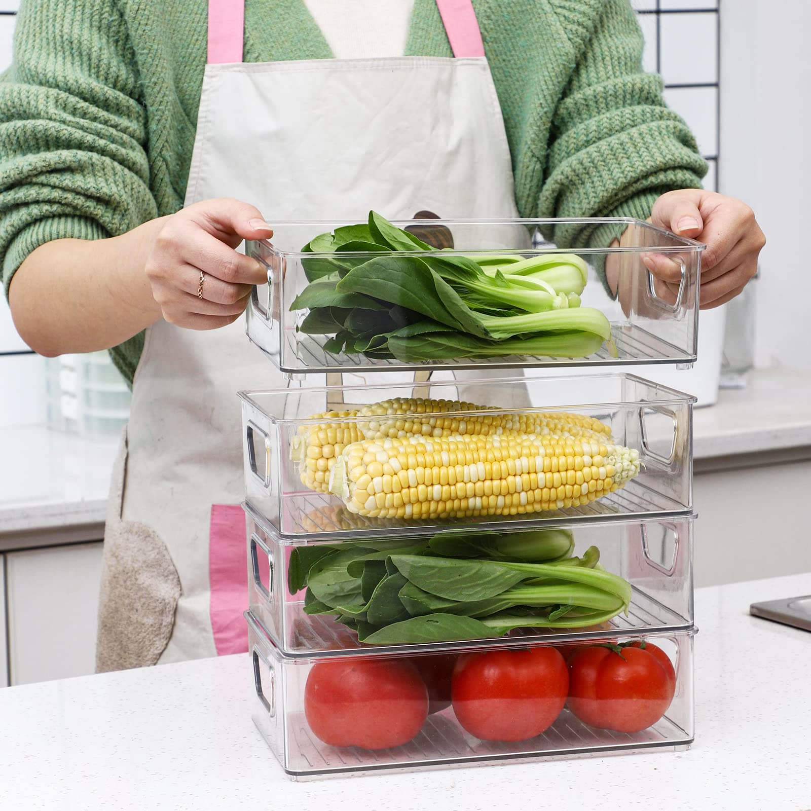 2 Pack Pantry Organization and Food Storage Bin,Stackable Clear Plastic Refrigerator Organizer Bins for Kitchen,Fridge, Cabinet Organization and Storage for Packets, Snacks, Fruit, Soda ,Spice Packets