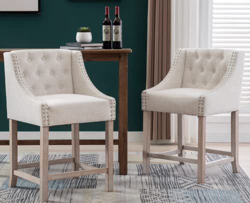 CIMOTA Counter Height Bar Stools Set of 2 Tufted Farmhouse Bar Chairs with Back Upholstered Mid Century Barstools with Wood Legs Kitchen Island Counter Stools for Home Bar, 25 Inch/Linen Beige