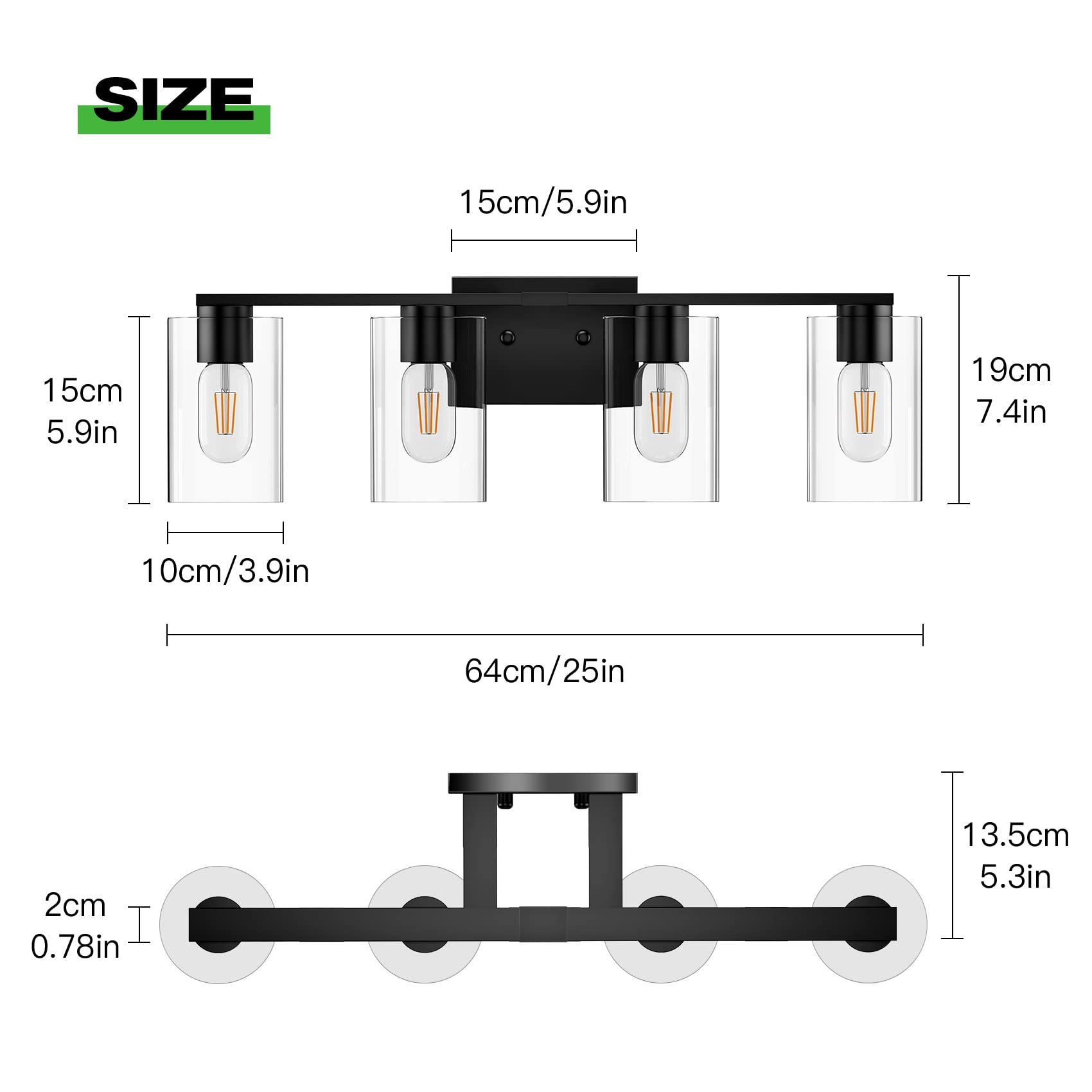 WILON 4 Light Bathroom Light Fixtures, Bathroom Vanity Light with Glass Shade, Bathroom Lights Over Mirror Wall Sconces Lighting for Bathroom Farmhouse Bathroom Light Fixtures, Matte Black Wall Light