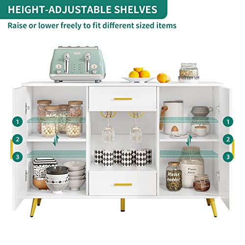 YITAHOME Sideboard Buffet, Buffet Cabinet Storage Credenza w/Adjustable Shelf, Wine Glass Holder, Drawers, Modern White & Gold Dresser 300 lbs Capacity for Living Room, Kitchen, Dining Room, White