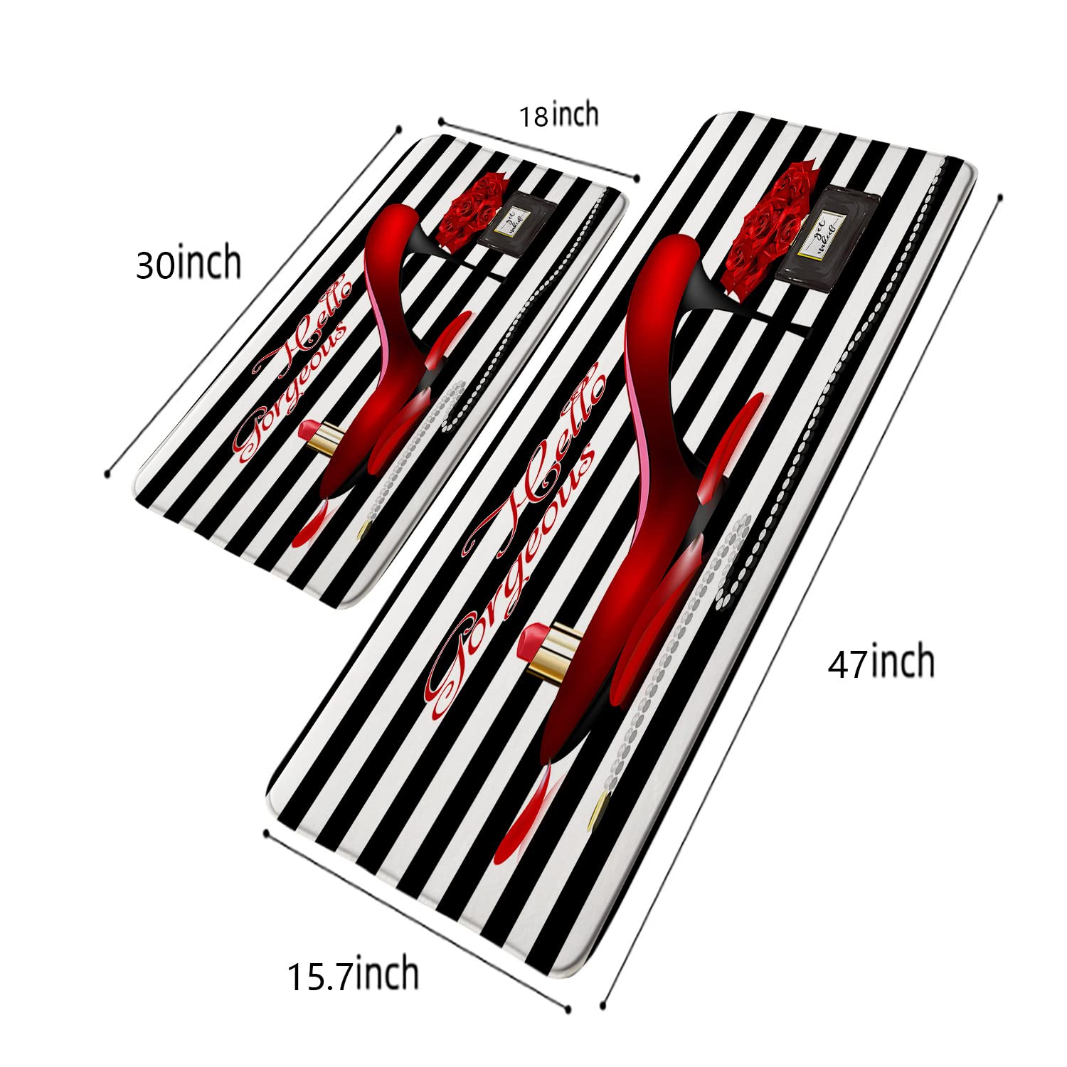 2 Pieces Set Black White Geometric Kitchen Rugs Hello Gorgeous Makeup Red High Heel Perfume Bottle Lipstick Romantic Love Fashion Bathroom Rugs Toilet Sink Laundry Bath Mats Bedroom Carpet