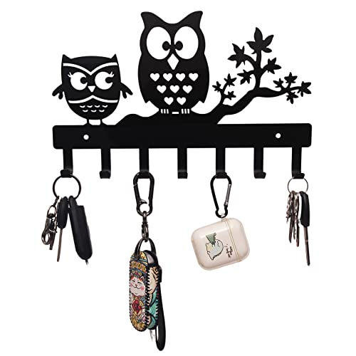 Joypucofe Black Metal Key Holder Hooks Owl Wall Hanger Decorations Multi-Purpose for Door Kitchen Corridor Foyer Bedroom University Dormitory, 7 Hook Racks