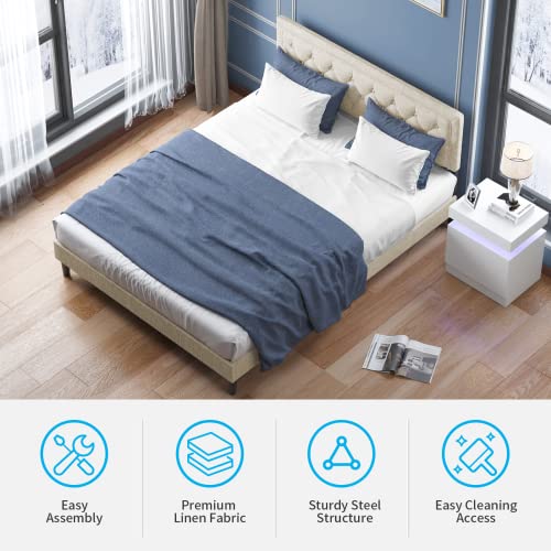 Mjkone Queen Size Bed Frame with Adjustable Headboard,Platform Bed Frame with Button Tufted Linen Fabric,Upholstered Bed with Strong Metal Frame/Wood Slats Support,Easy Assembly-Beige