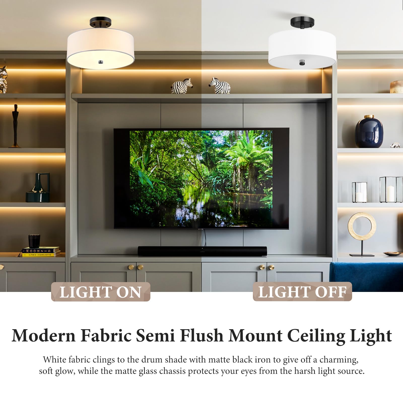 3-Light Semi Flush Mount Ceiling Light Fixture, 13" Black Drum Light, Modern Close to Ceiling Light with White Fabric Shade Lamps for Bedroom Living Dining Room Kitchen Hallway Entryway