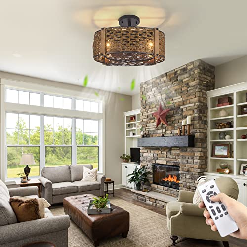 Farmhouse Caged Ceiling Fan with Lights Remote Control, Low Profile Bedroom Ceiling Fans, Industrial 17 Inch Ceiling Fans for Kitchen, Bedroom, Dining Room